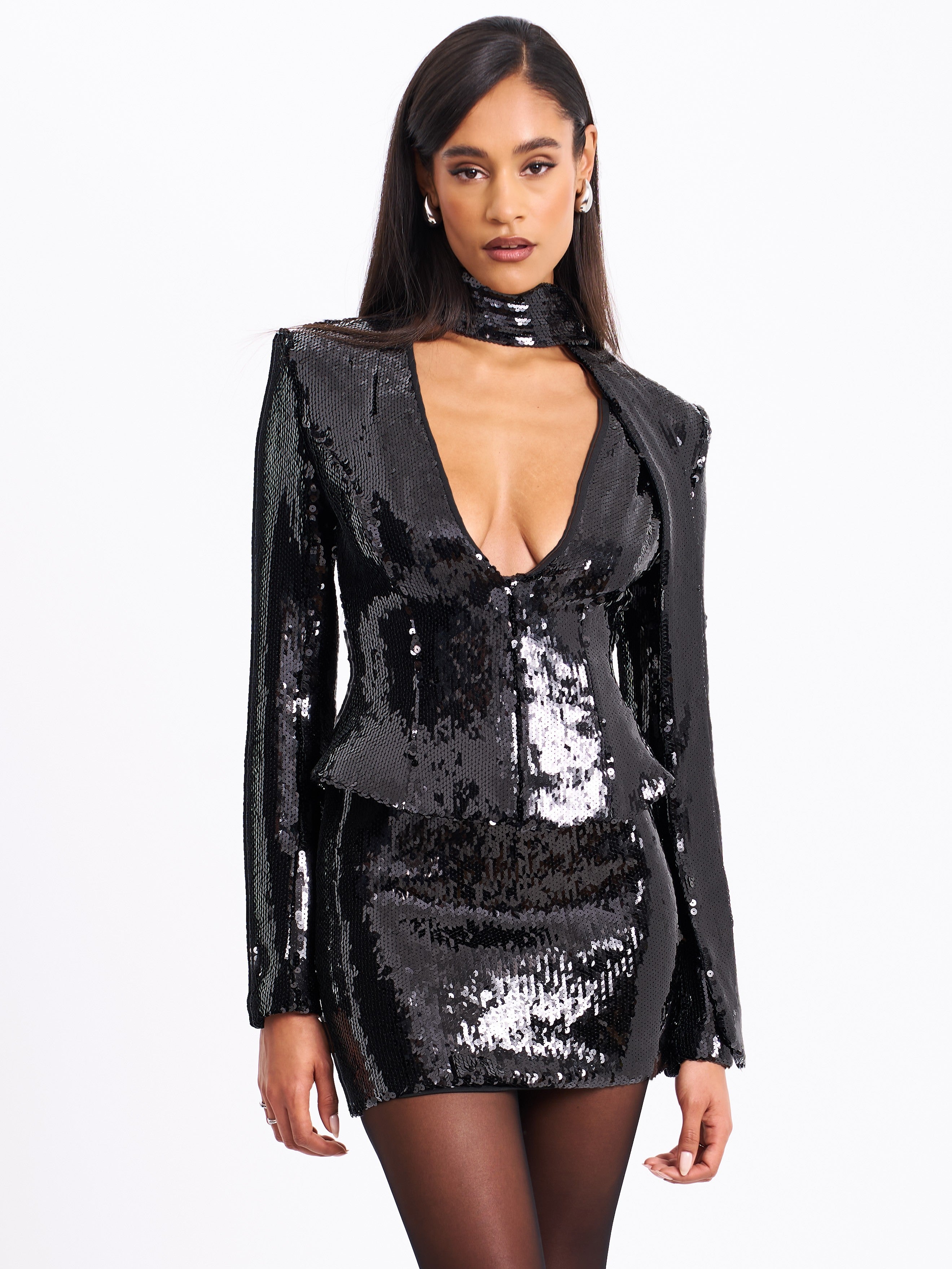 Tamina Black Sequin Deep V Peplum Top With Scarf – So.Fvshionable